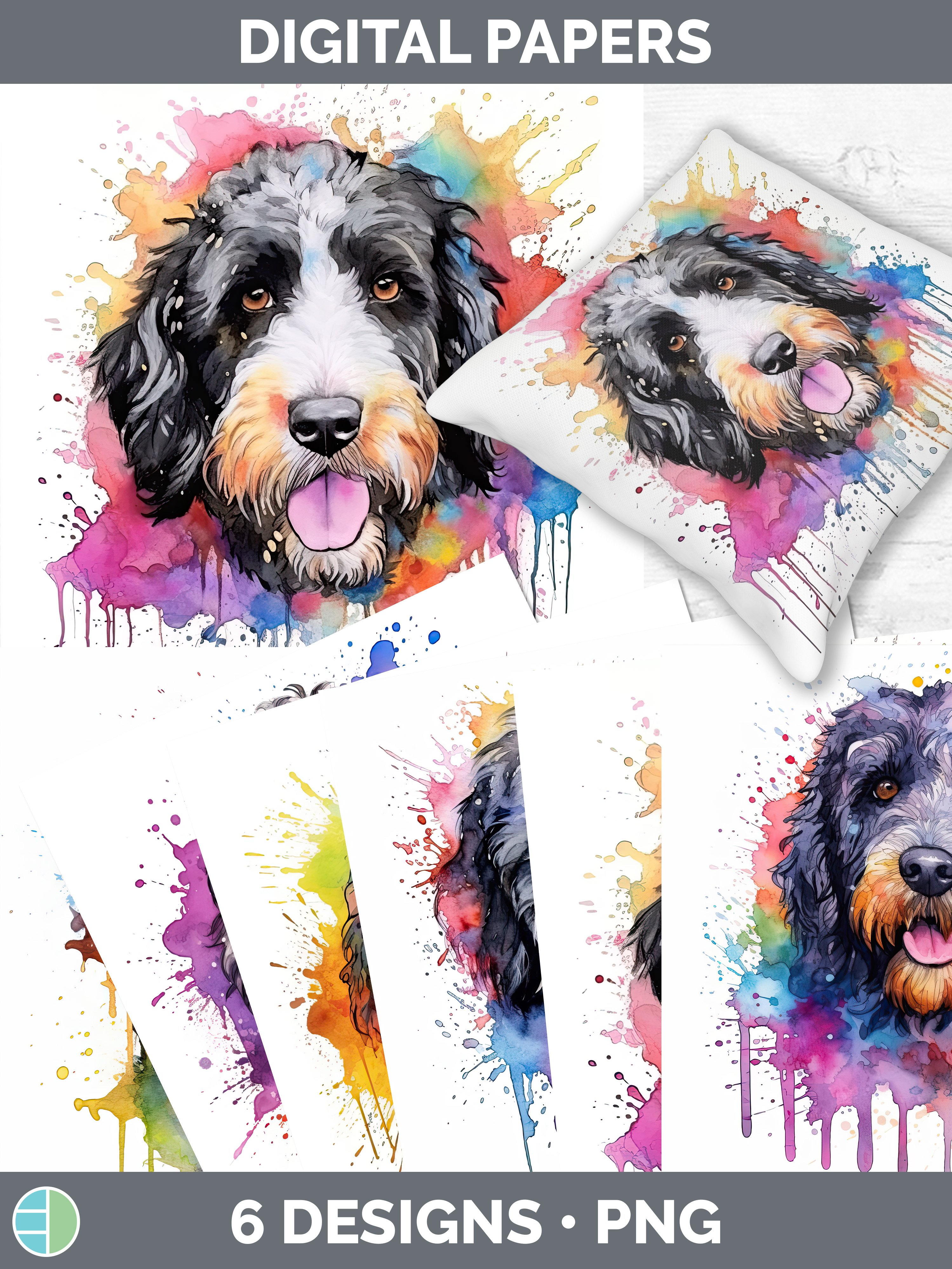 Splat Rainbow Bernedoodle Dog Paper Backgrounds | Digital Sc