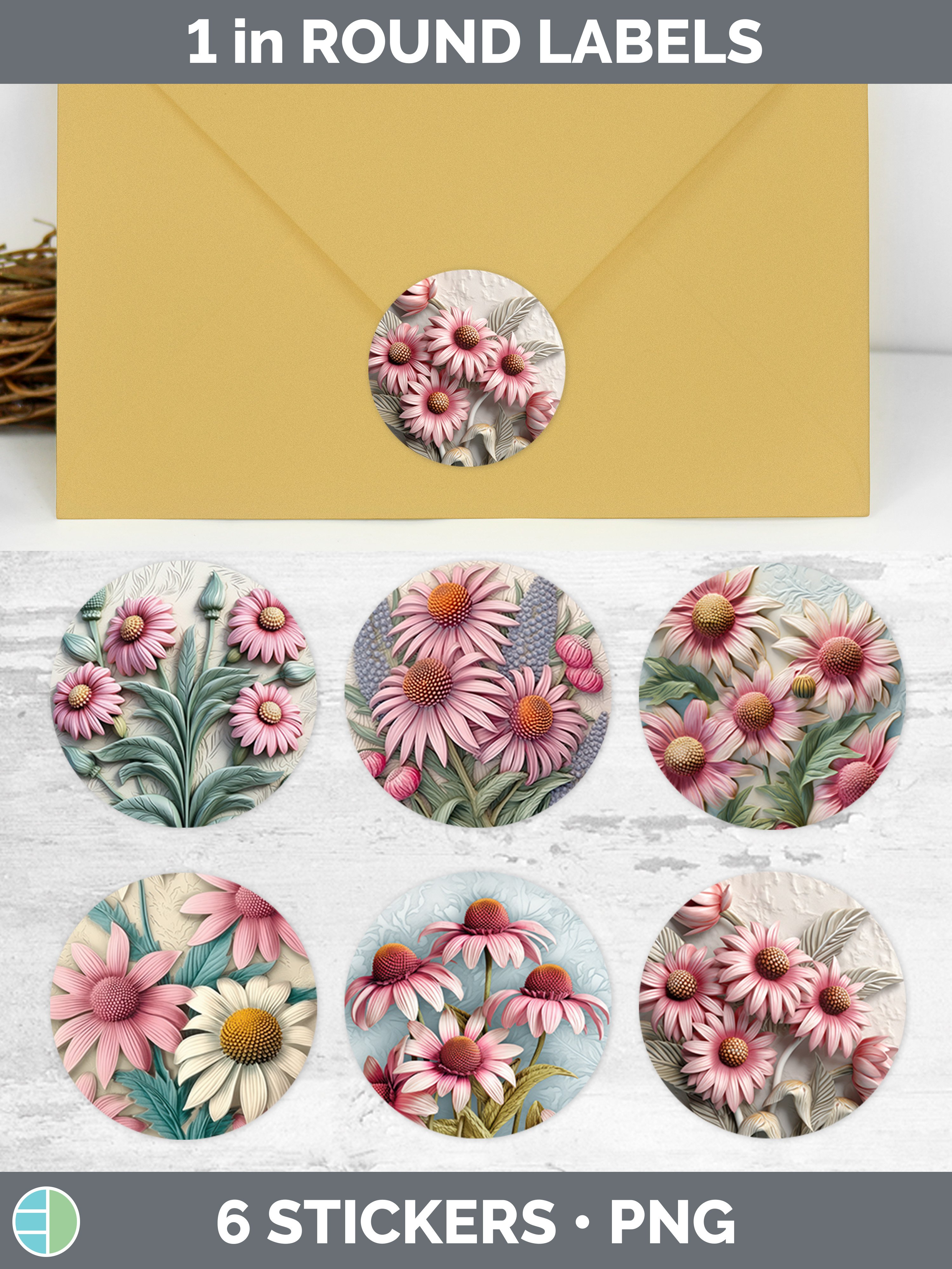3D Coneflower Flowers Stickers | Round Labels Designs Bundle