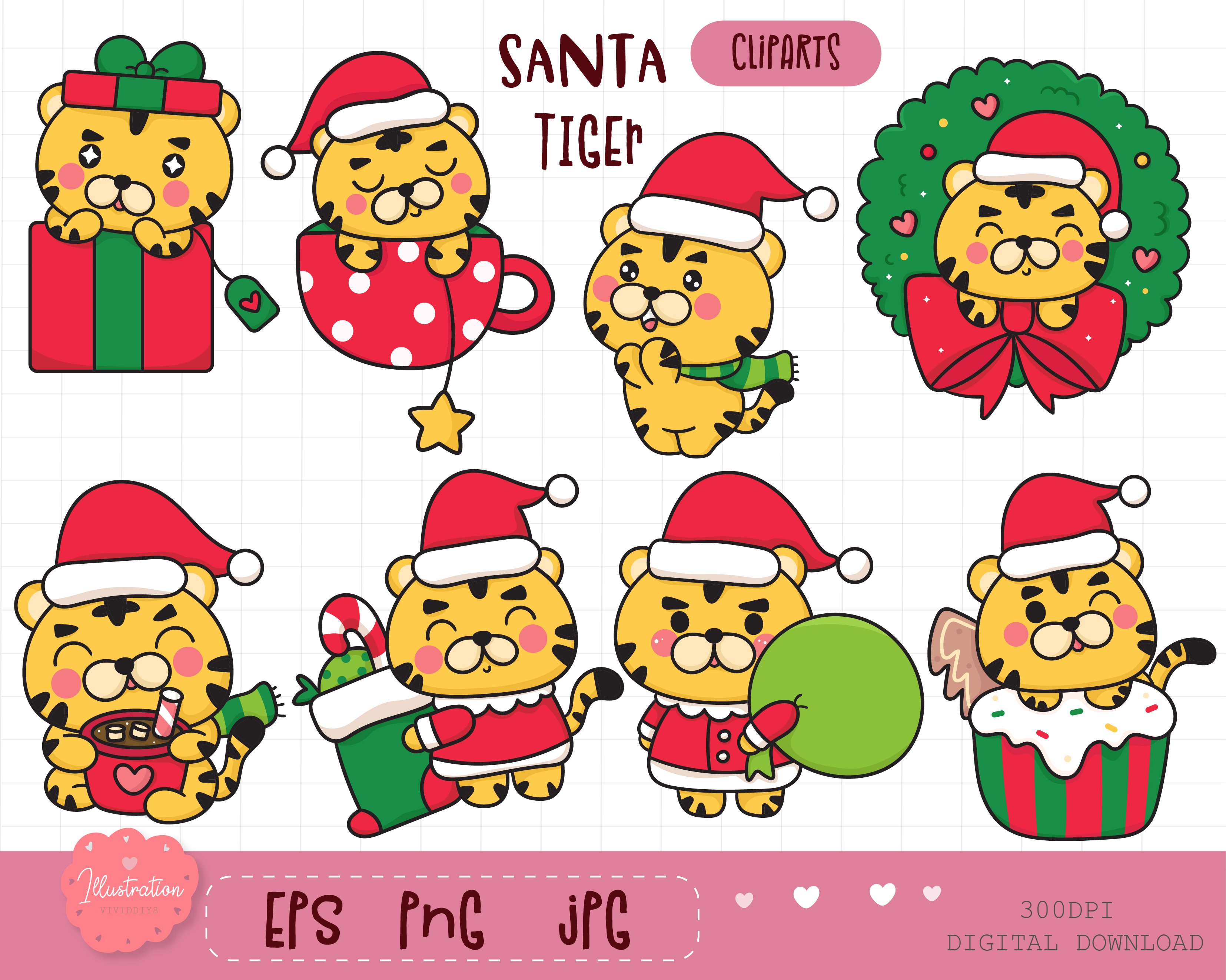 Cute baby tiger, kawaii Christmas, happy new year clipart