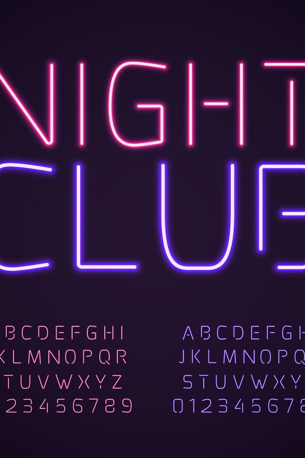 Glowing club font. Purple and pink neon lamps letters and nu