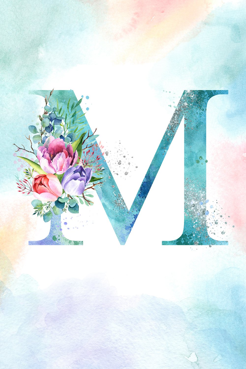 Spring Watercolor Letter. Monogram M. Sublimation Design.