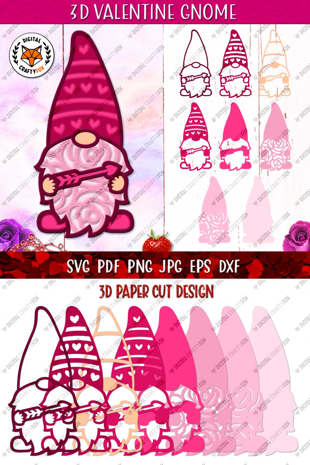 3D Valentine Gnome with Arrow , Valentines Day Paper Cut
