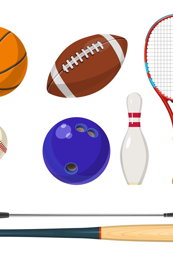 Vector sports equipment in cartoon style. Balls, rackets, go