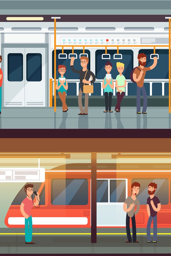 Subway inside with people man and waman. Metro platform and