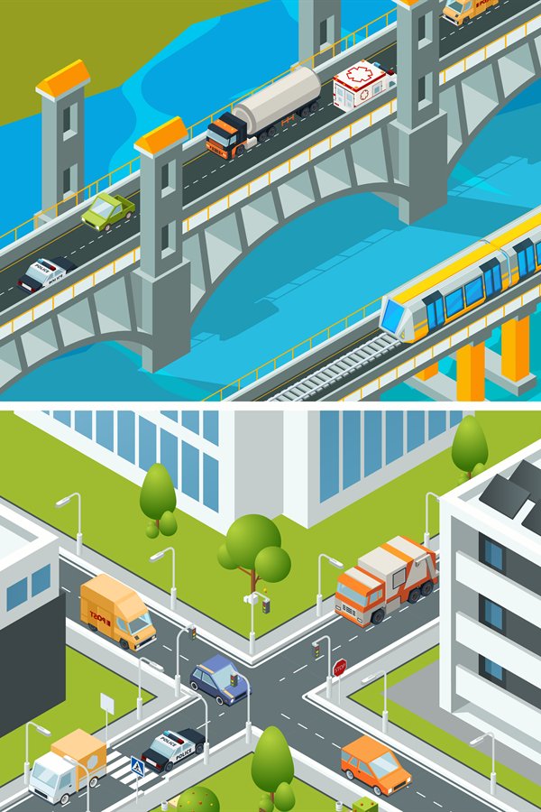 Highway intersection traffic. Urban landscape isometric with
