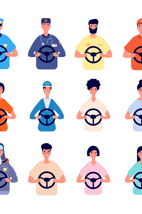 Driver characters. People driving avatars, logistic truck po