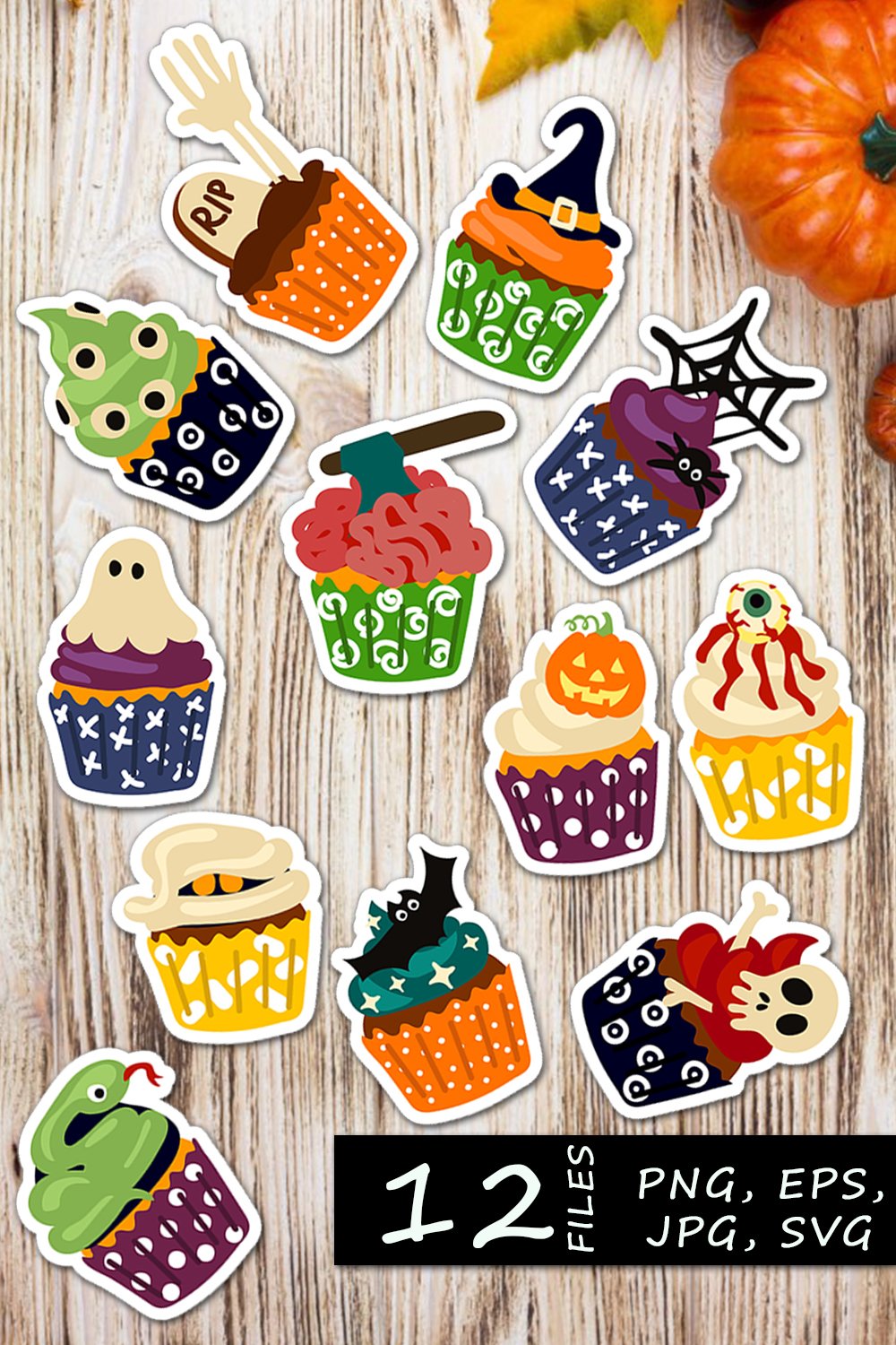 12 bright stickers with cupcakes for Halloween