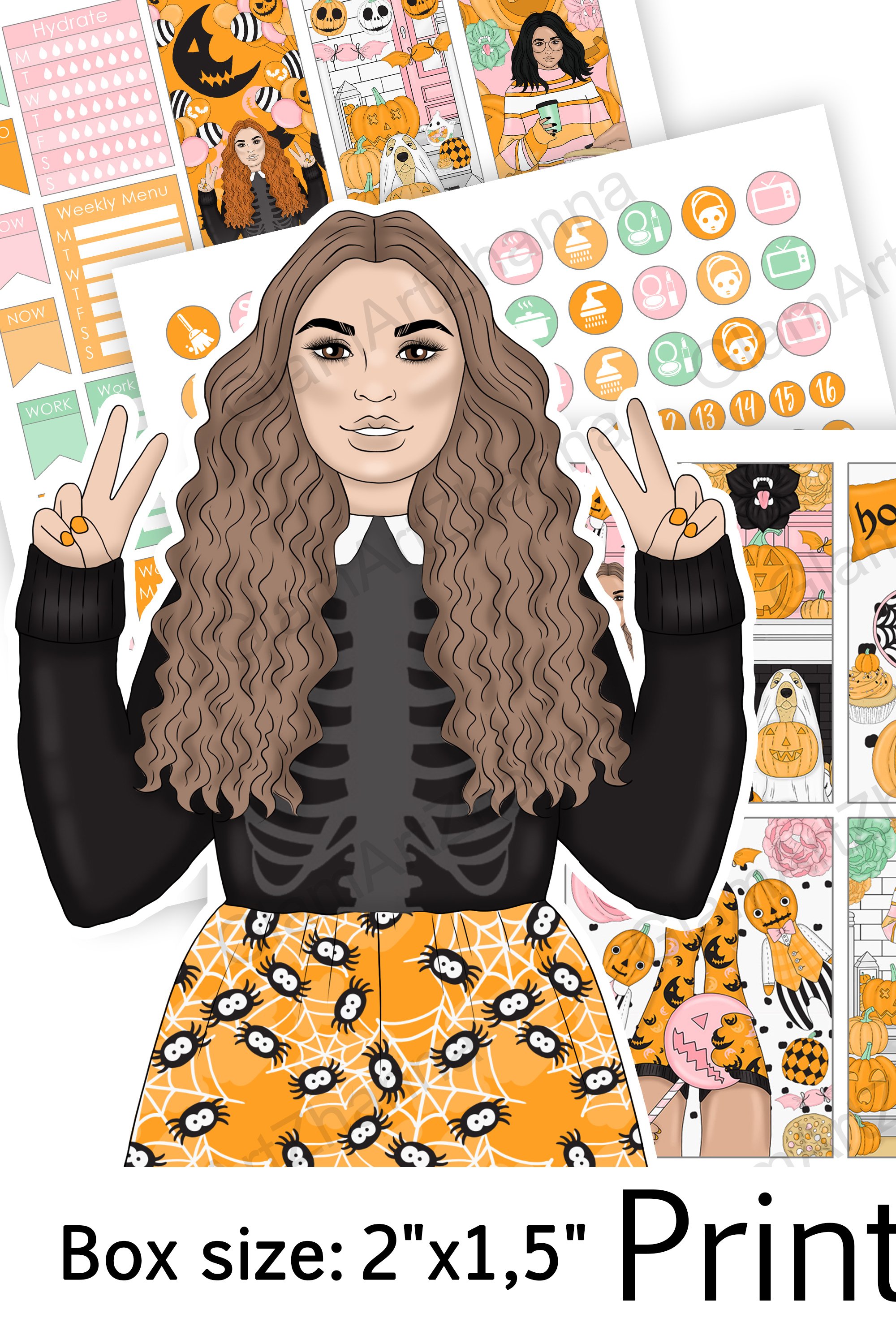 Halloween Digital Printable Stickers Set Box Size 2"x1,5"