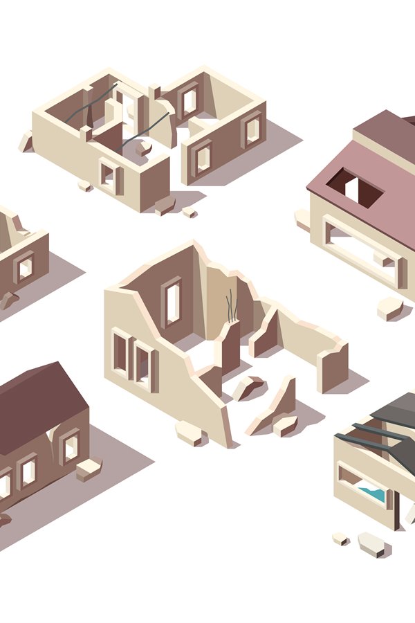 Abandoned buildings. Isometric broken houses city ruined obj