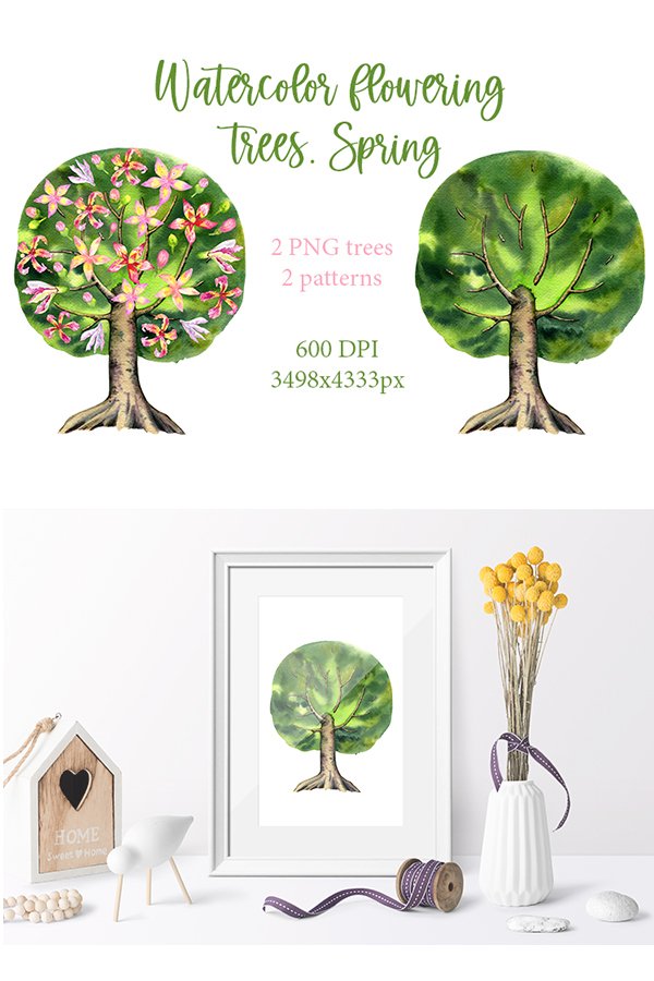 Watercolor flowering trees of Ceiba. Spring. Patterns