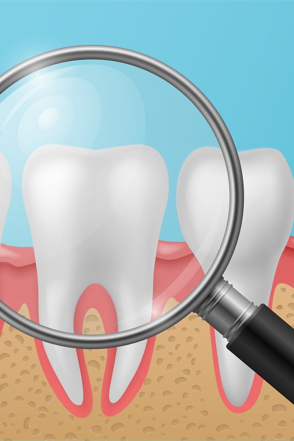 Healthy teeth with magnifying glass. Realistic white shining