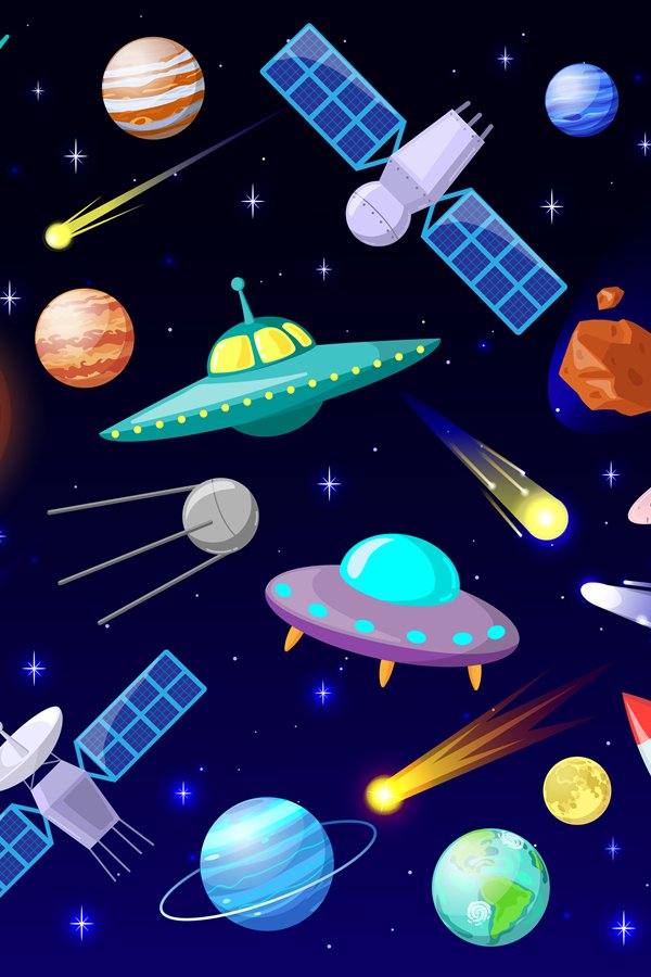 Cartoon open space. Planets, cosmic celestial bodies, rocket