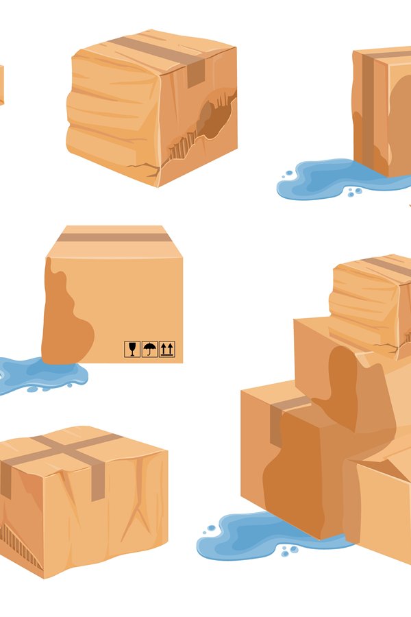Cartoon damaged, torn and wet cardboard delivery boxes and p