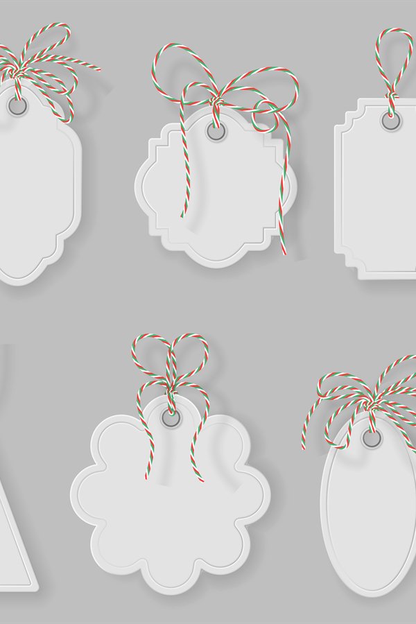 Gift tag label frame. Price tags with twine bows, various pa
