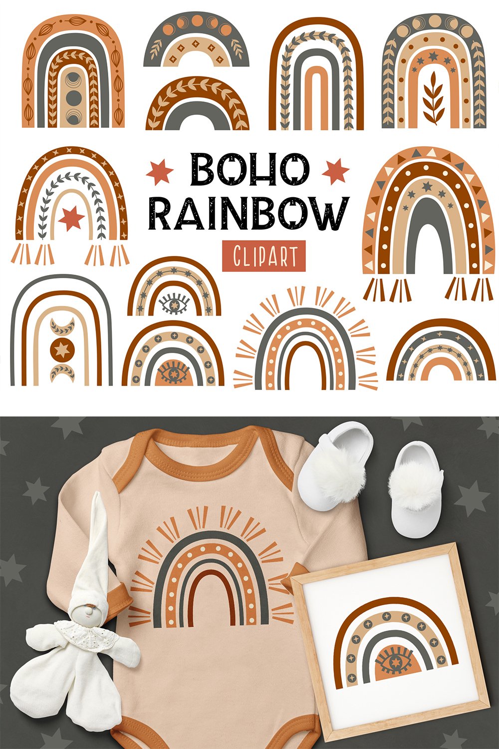 Boho rainbow clipart, Bohemian rainbow bundle, Celestial svg