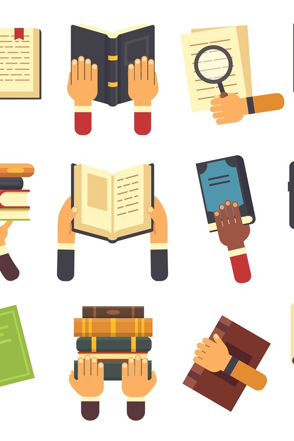 Hands with books. Holding book in hand, reading ebook and re