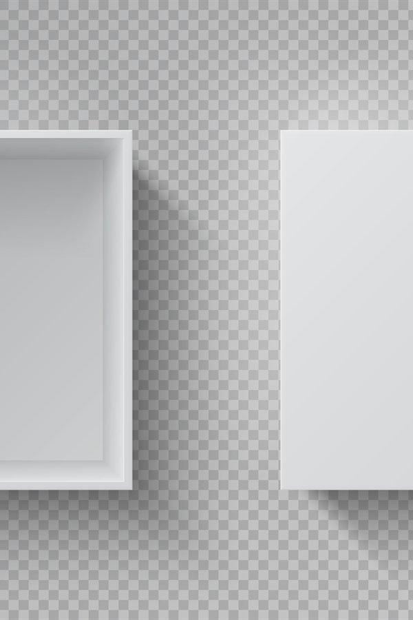 Realistic box top view. Open white package mockup, cardboard