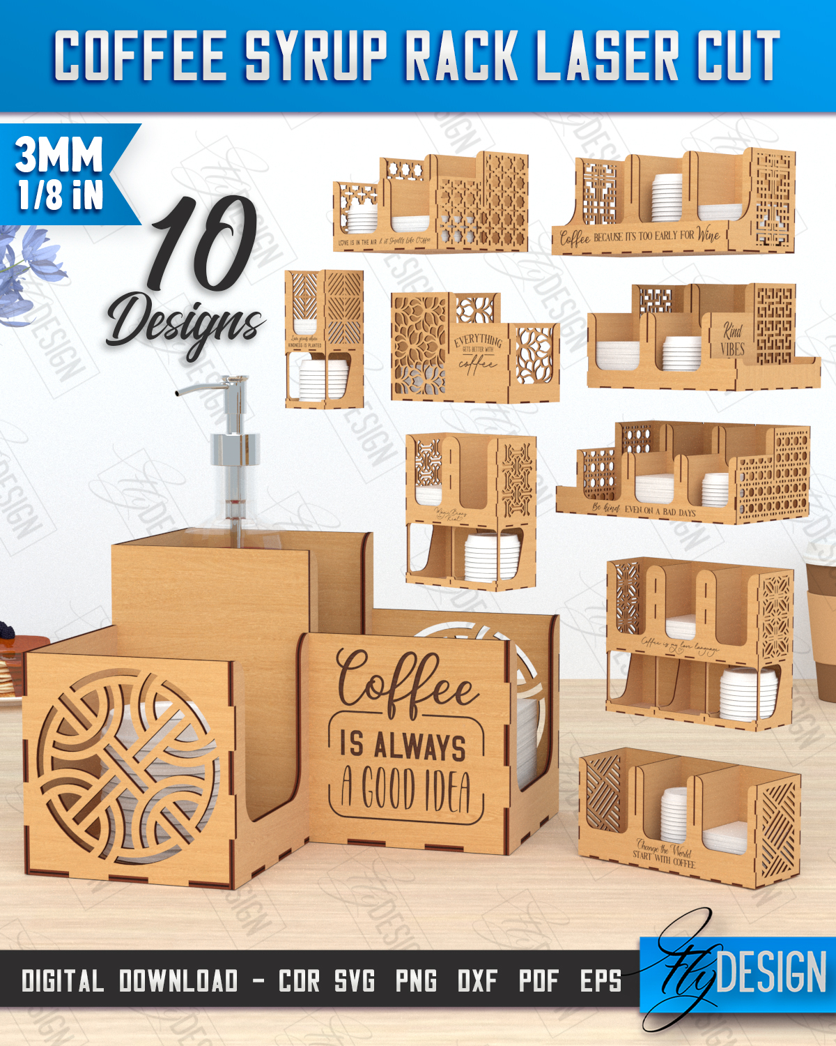 Coffee Syrup Racks Laser Cut Bundle, 3D Coffee Bar Boxes SVG