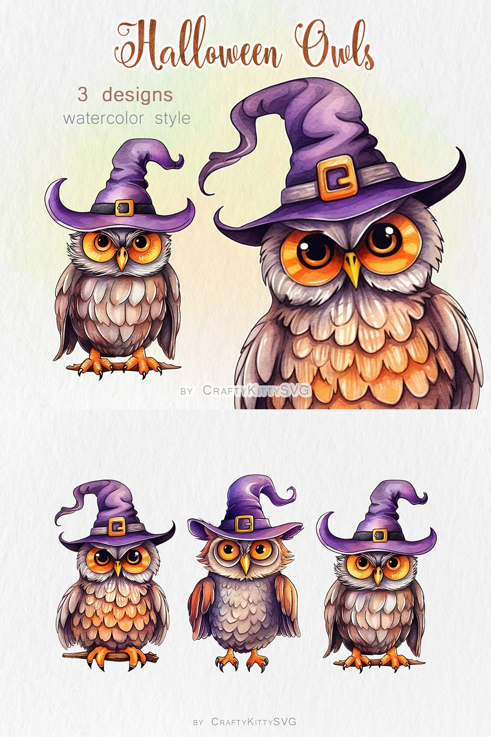Happy Halloween Owl Clip Art, Watercolor Owl in Purple Hat