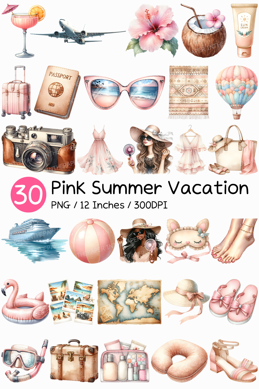 Pink Summer Vacation | Watercolor Beach Travel Holiday PNG