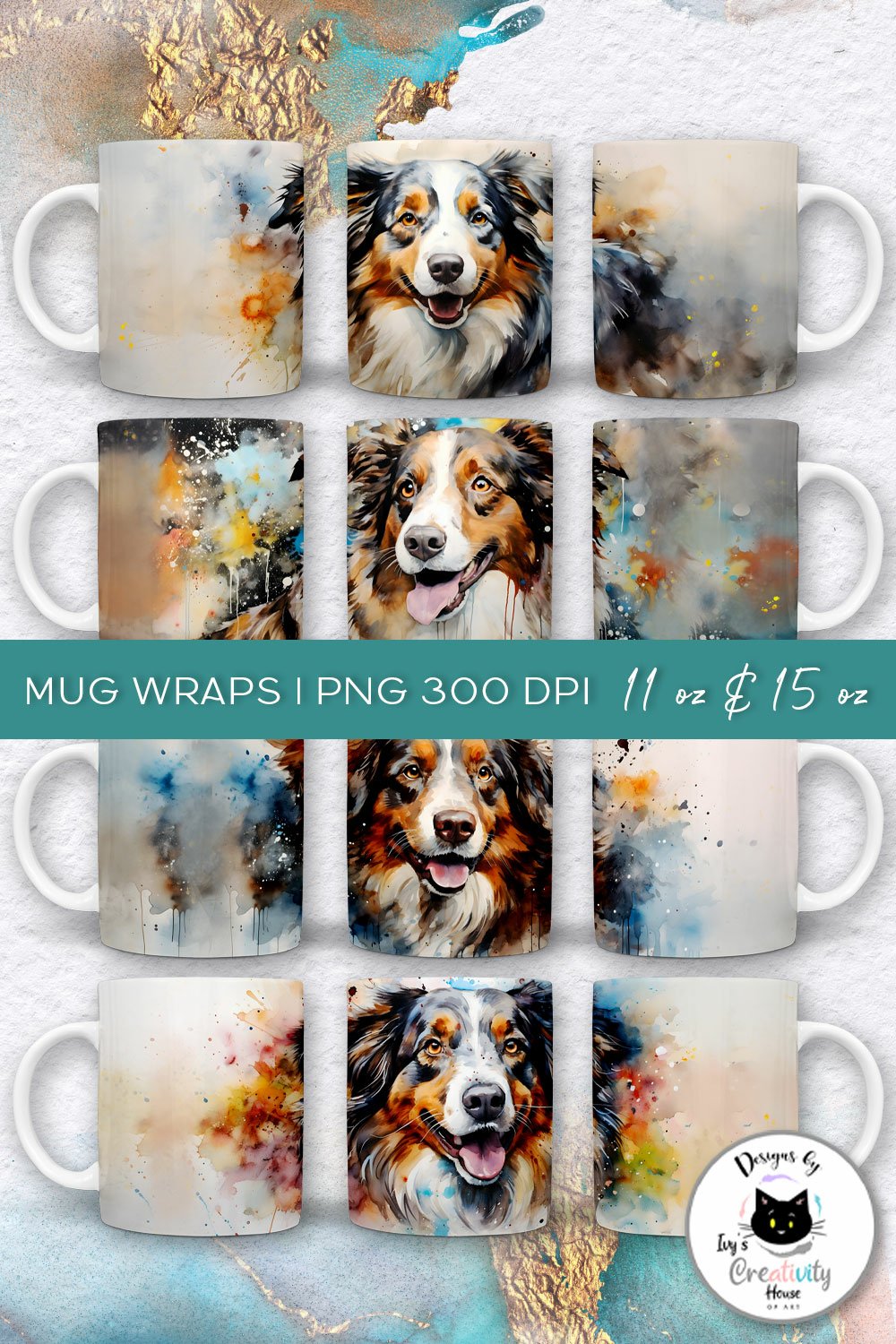 Watercolor Dog Mug Wraps Vol.14 | Aussie Dog Mug Designs