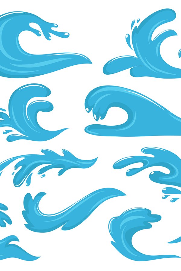 Blue ocean waves, water drops and splashes vector symbols is