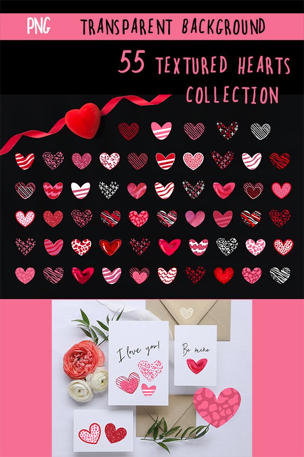 Romantic collection of textured hearts