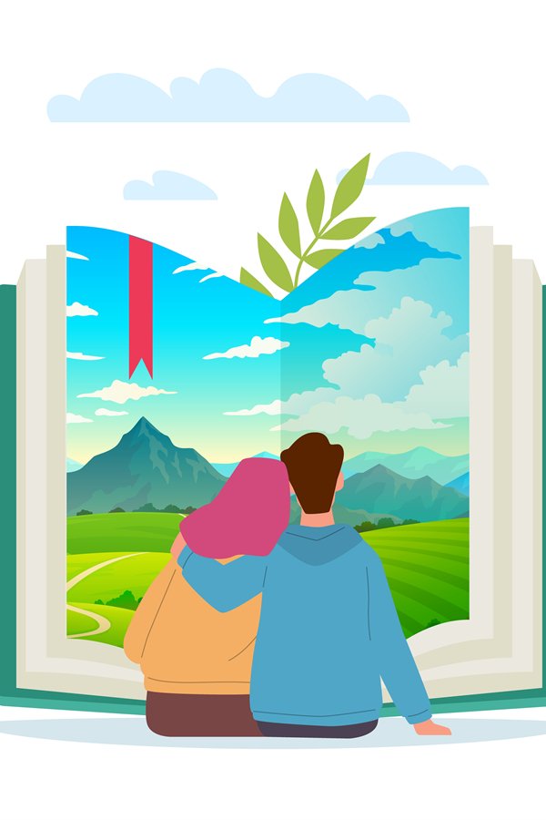 Joint book trip. Cartoon couple reading together. Scenic lan