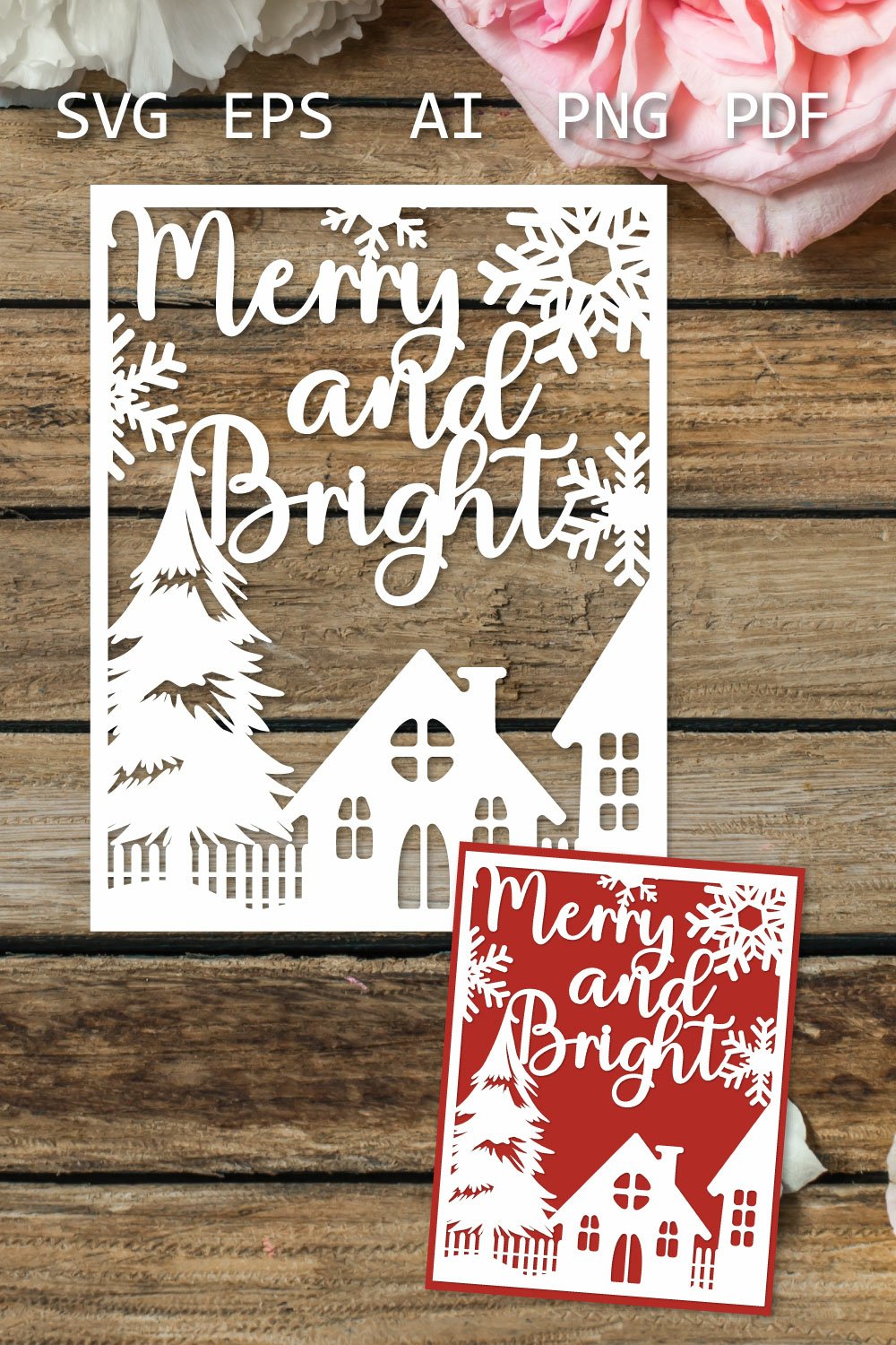 Merry and Bright paper cut template card, Christmas card SVG