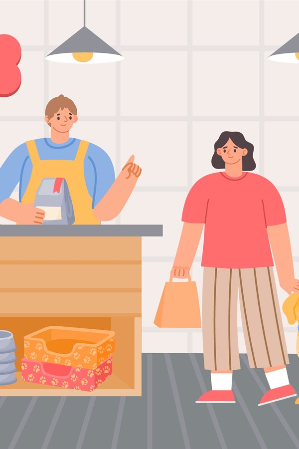 Pet shop inside interior with cashier and customer with dog.