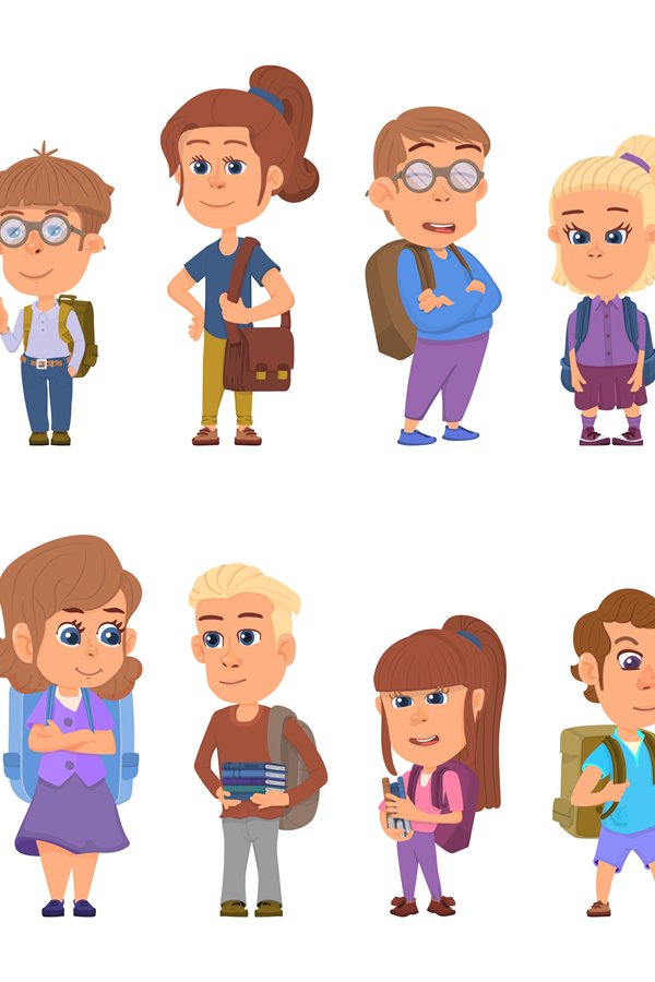 Back to school characters. Happy kids, student with books an