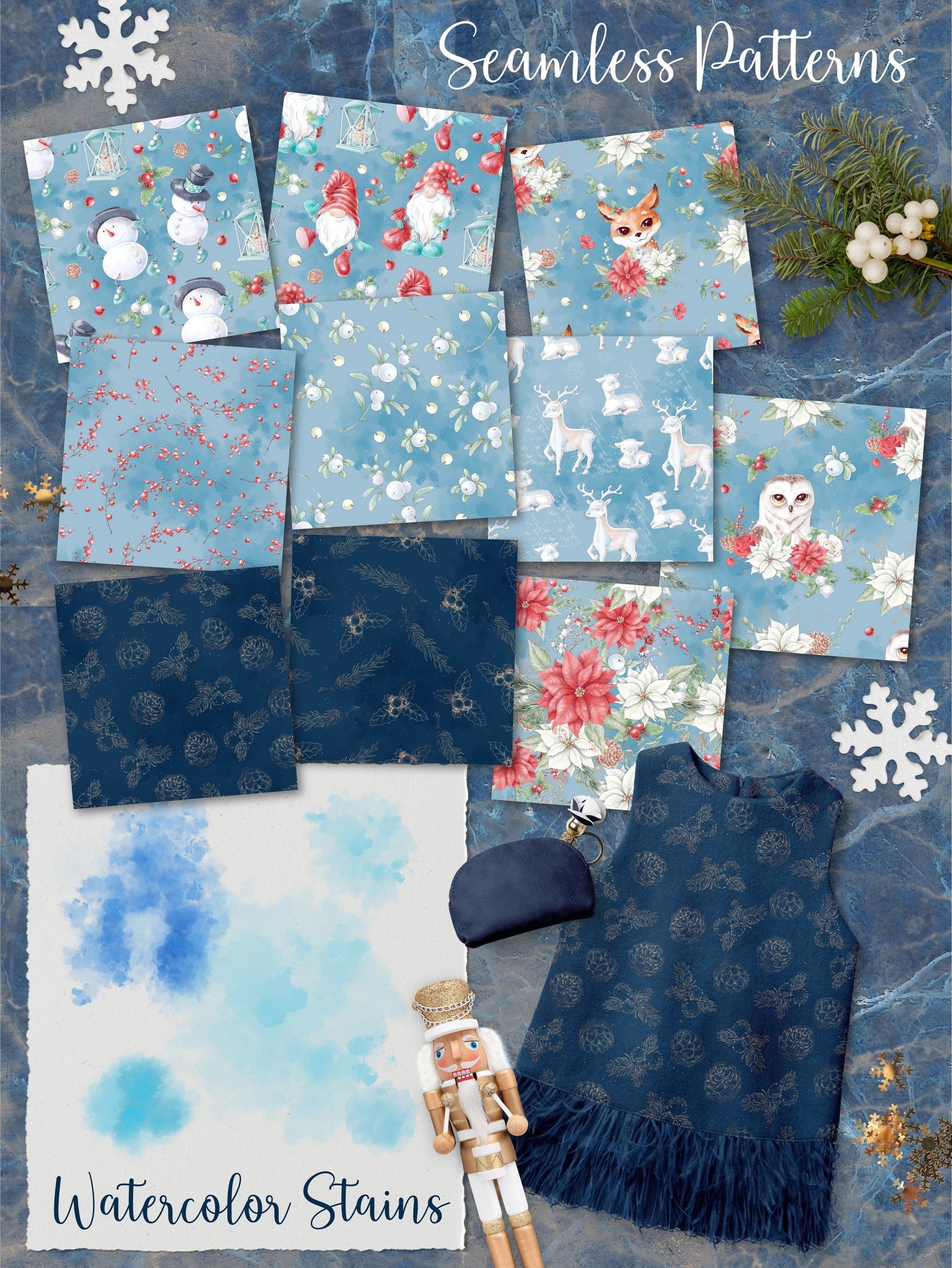 Christmas watercolor digital paper seamless patterns