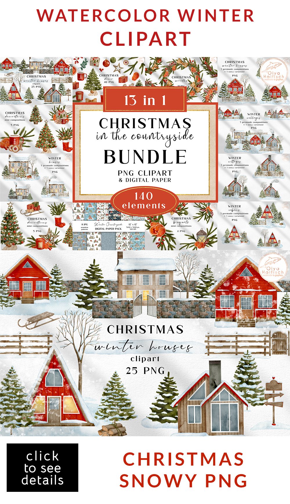 Christmas Clipart Bundle. Winter Houses Landscape PNG