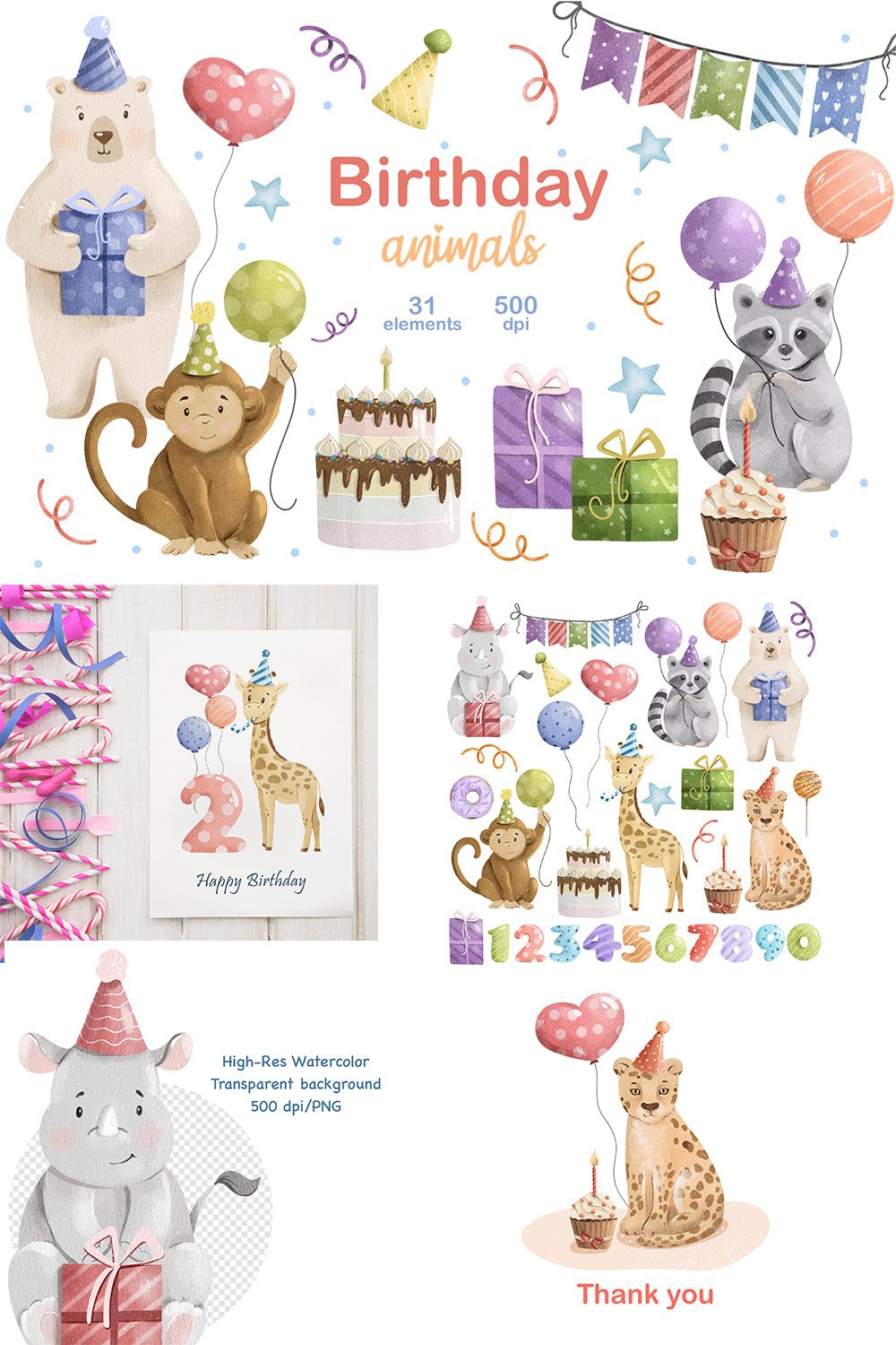 Watercolor Animals Birthday Party Clipart