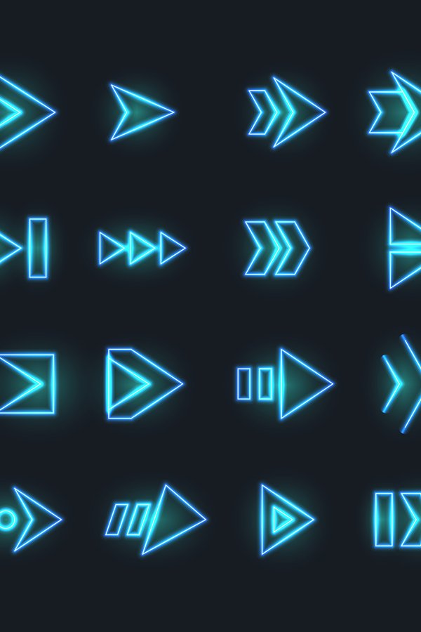 Directional neon arrows. Pointers, orientation arrowhead wit