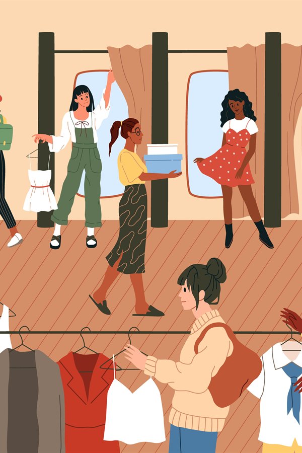 Trying clothes. Women try dresses and shoes in boutique or s