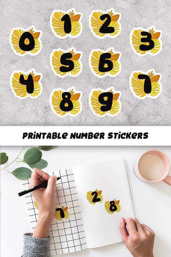 Printable number stickers. Tropical numbers PNG.