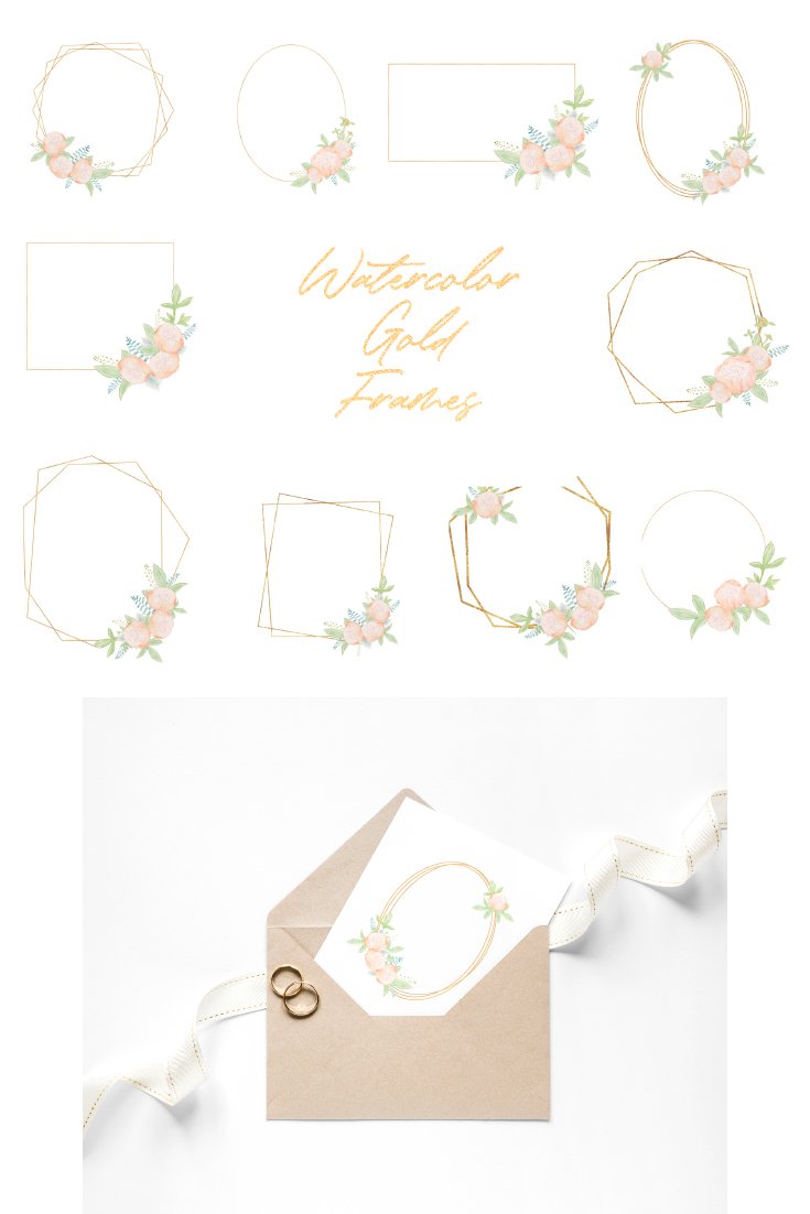 Watercolor gold floral frame. Wedding frames. (934394)
