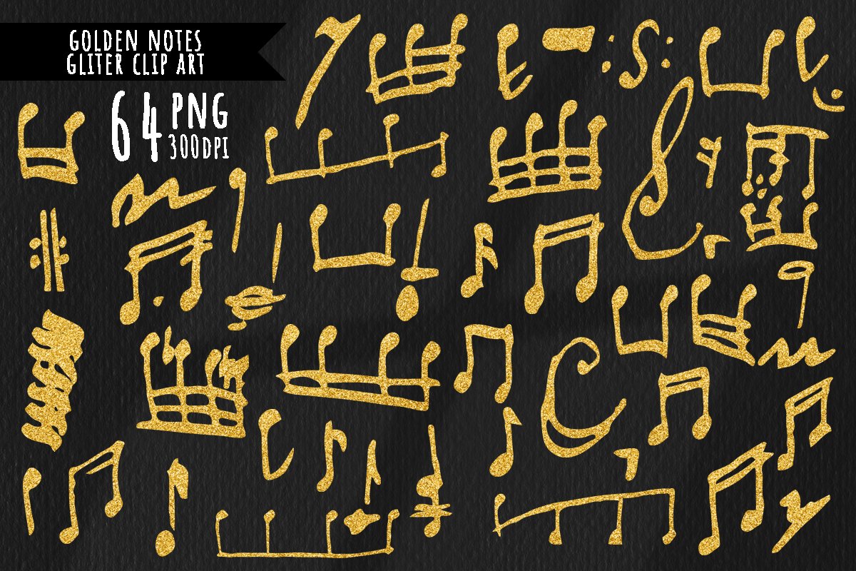 Golden notes. Glitter clip art. Musical elements