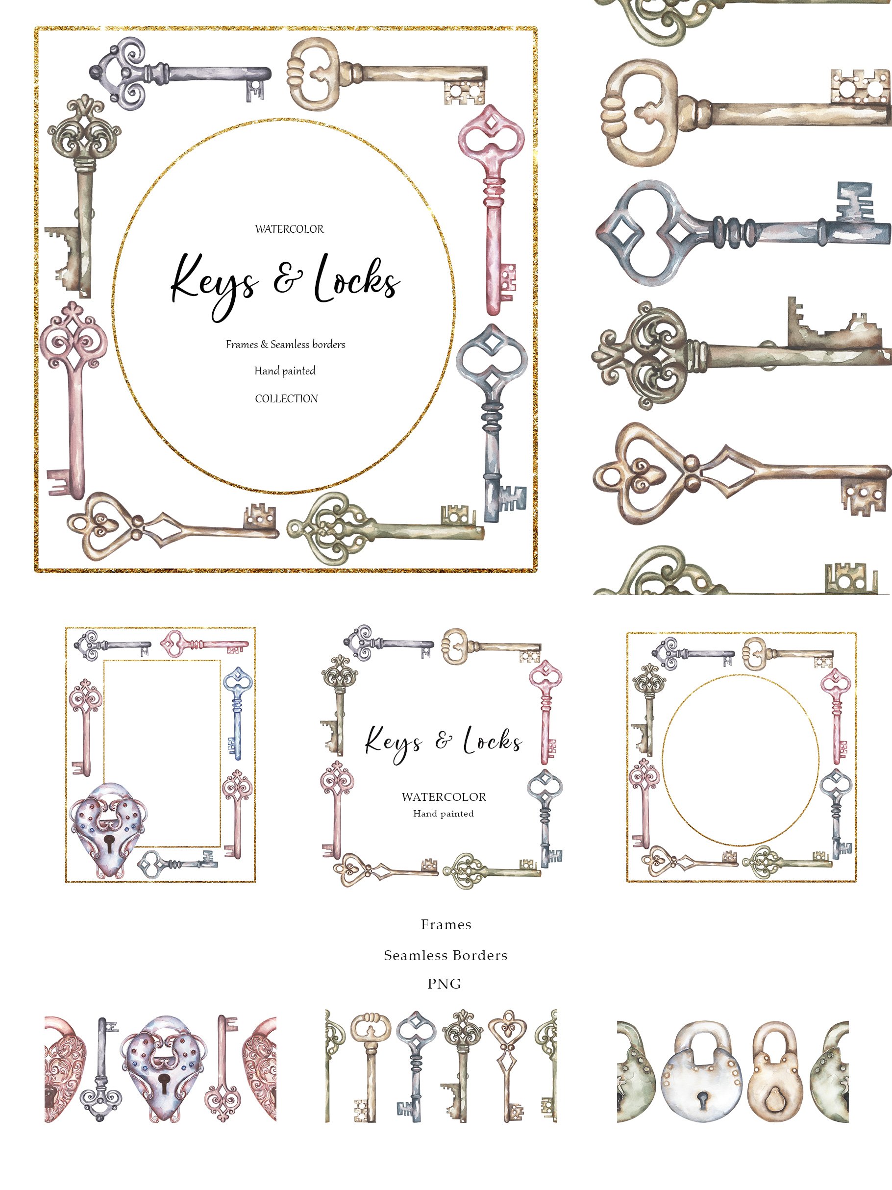 Watercolor Keys and Locks Frames Set