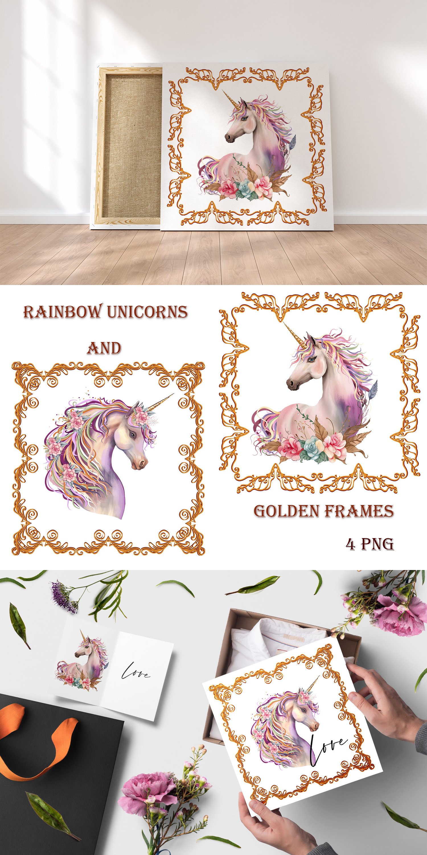Rainbow unicorns and golden frames
