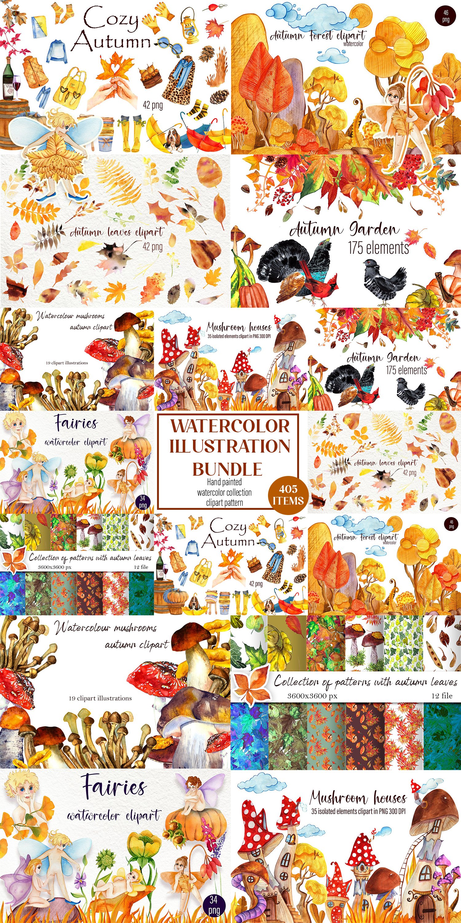 Watercolor autumn Illustration Bundle, Watercolor Clipart