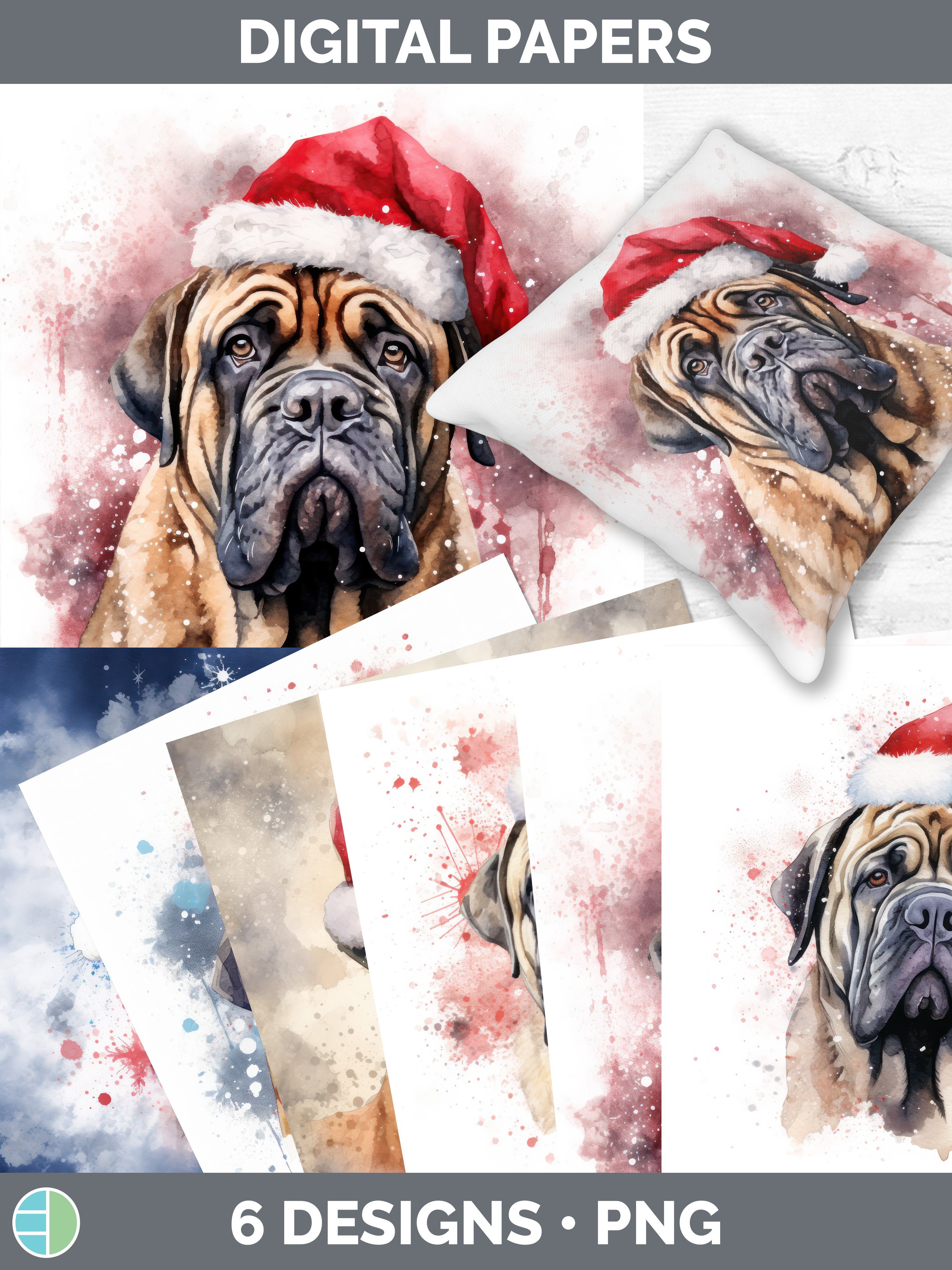 Christmas Santa Hat Mastiff Dog Paper Backgrounds | Digital