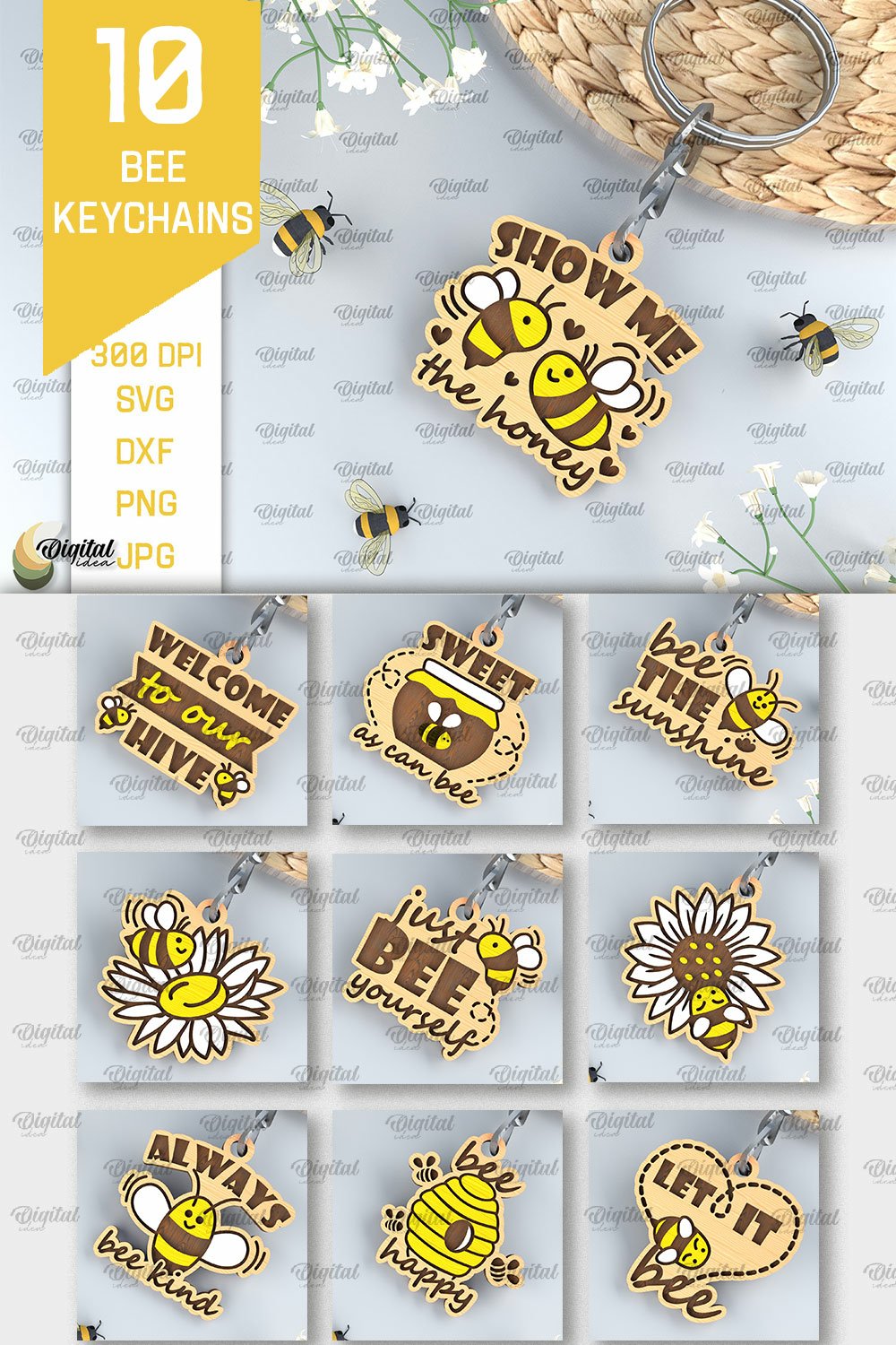 Bee Keychains Laser Cut Bundle. Wooden Bee Key Rings SVG