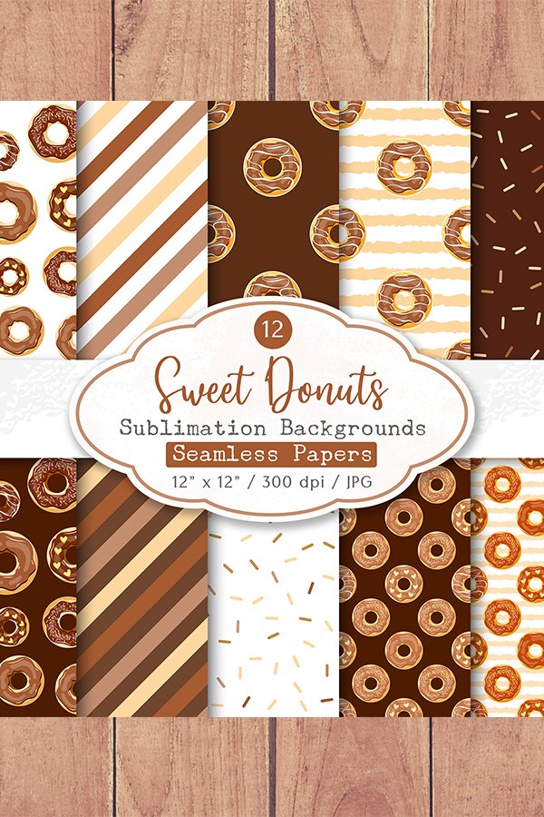 Donut digital paper, chocolate doughnut seamless patterns