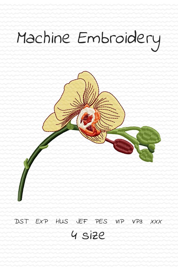 Yellow orchid flower on branch - Machine Embroidery