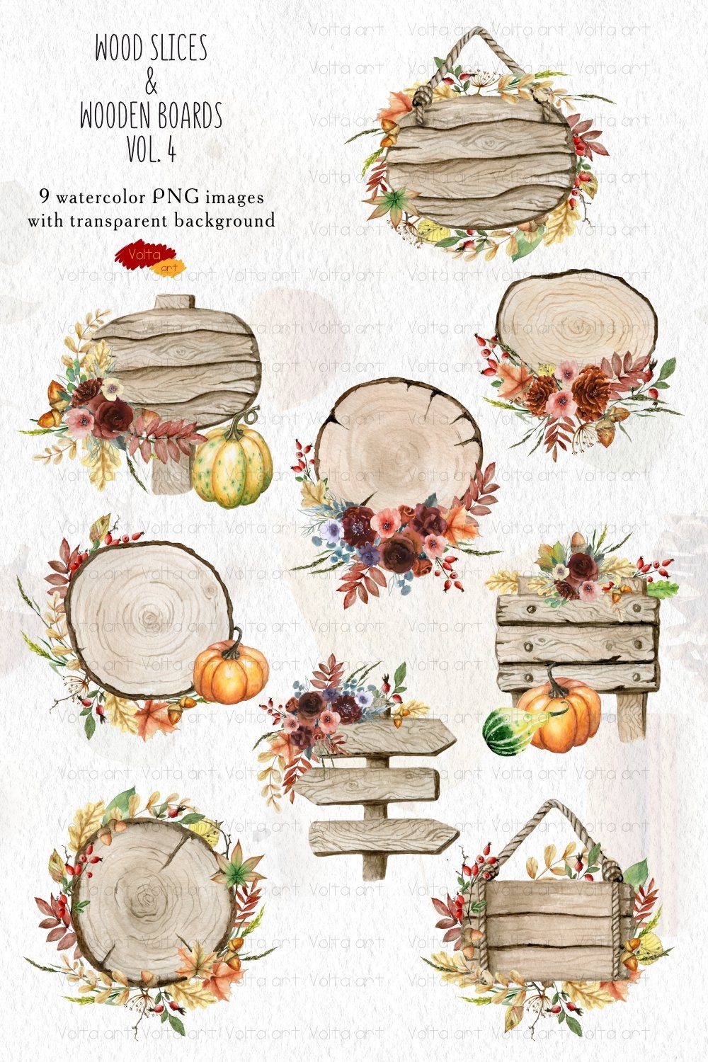Fall Watercolor wood slices and boards. Wood slice clipart.