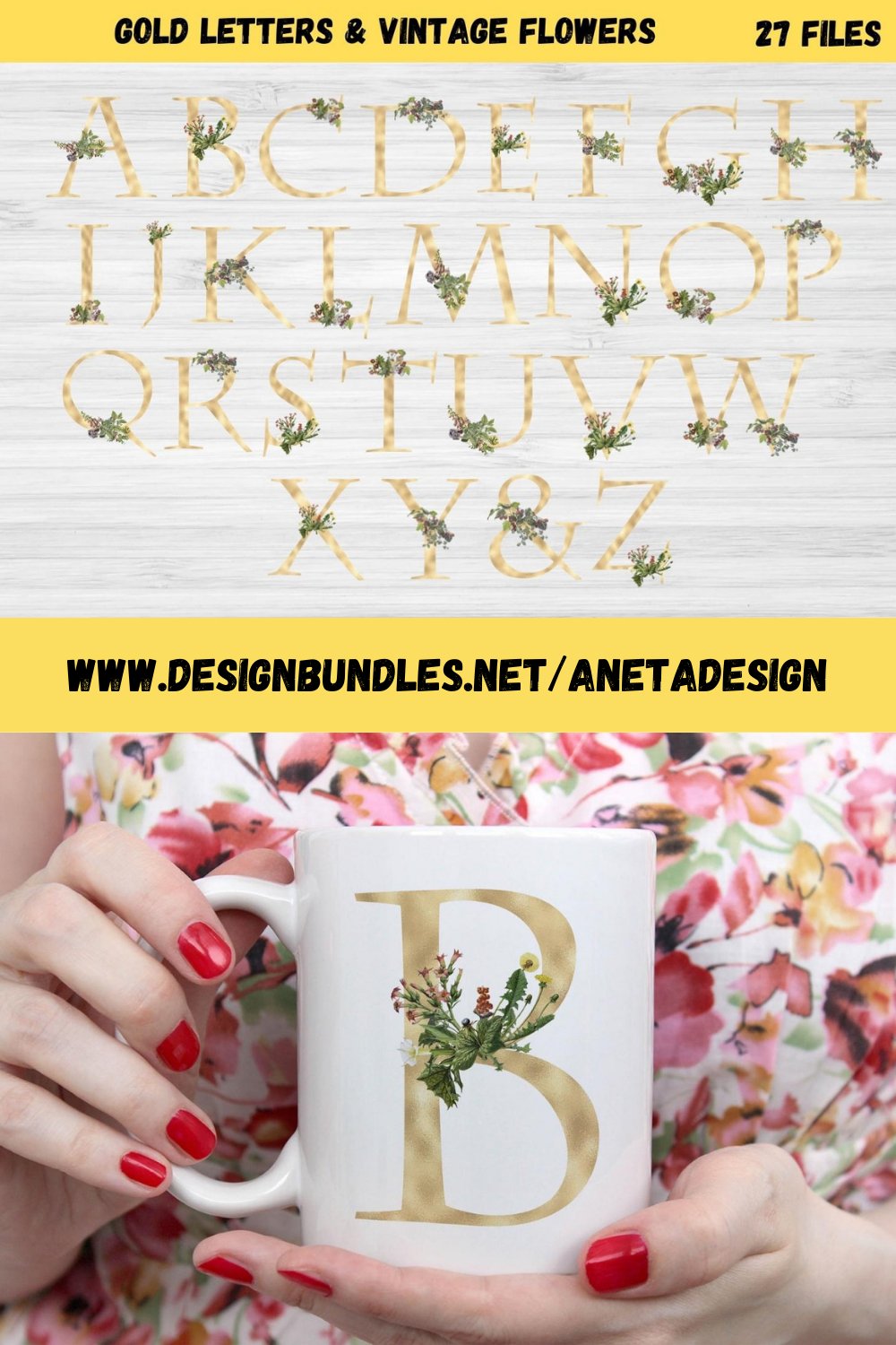 Gold Foil Alphabet with Vintage Flowers (2491921)