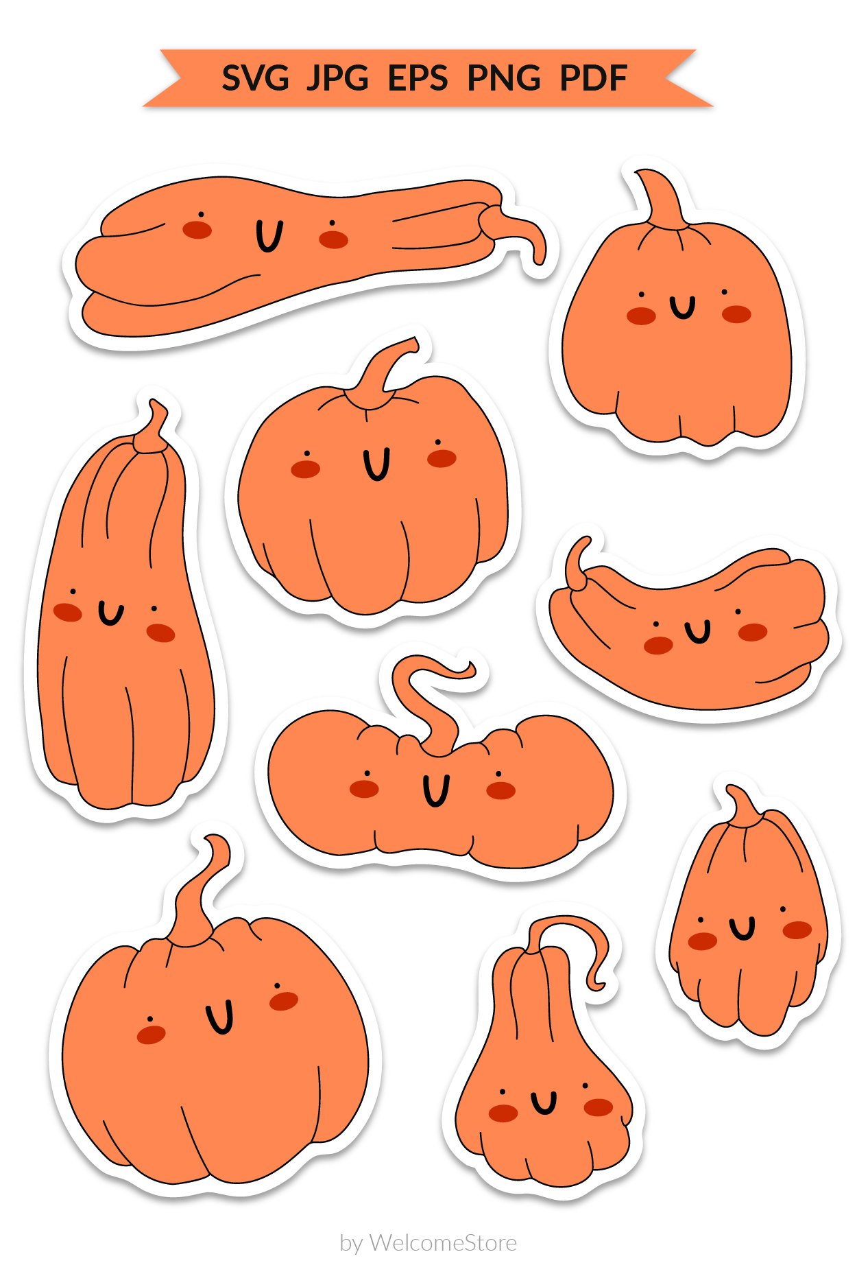 Cute Pumpkin Sticker Sheet. Printable Stickers. Pumpkin SVG.