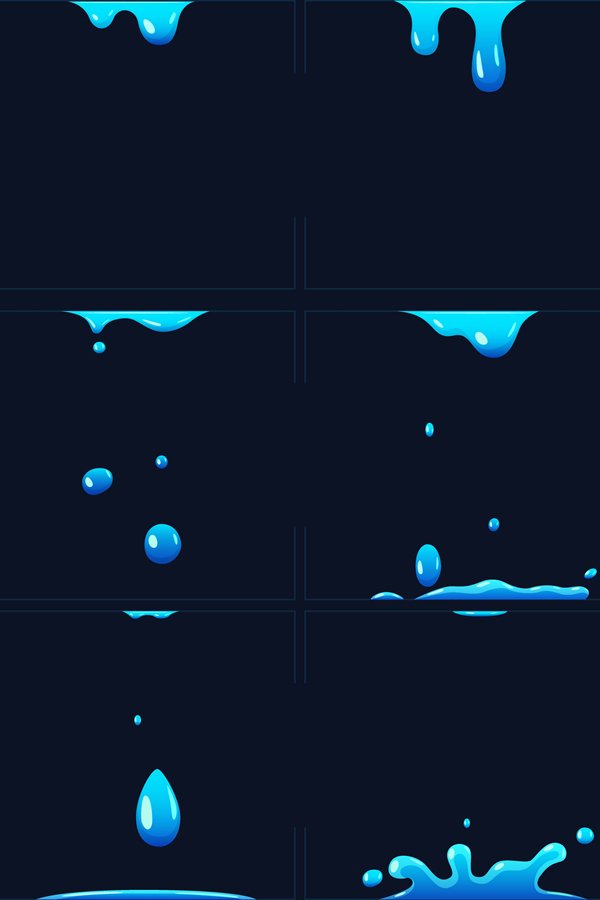 Dripping water animation, water splashes for game developmen